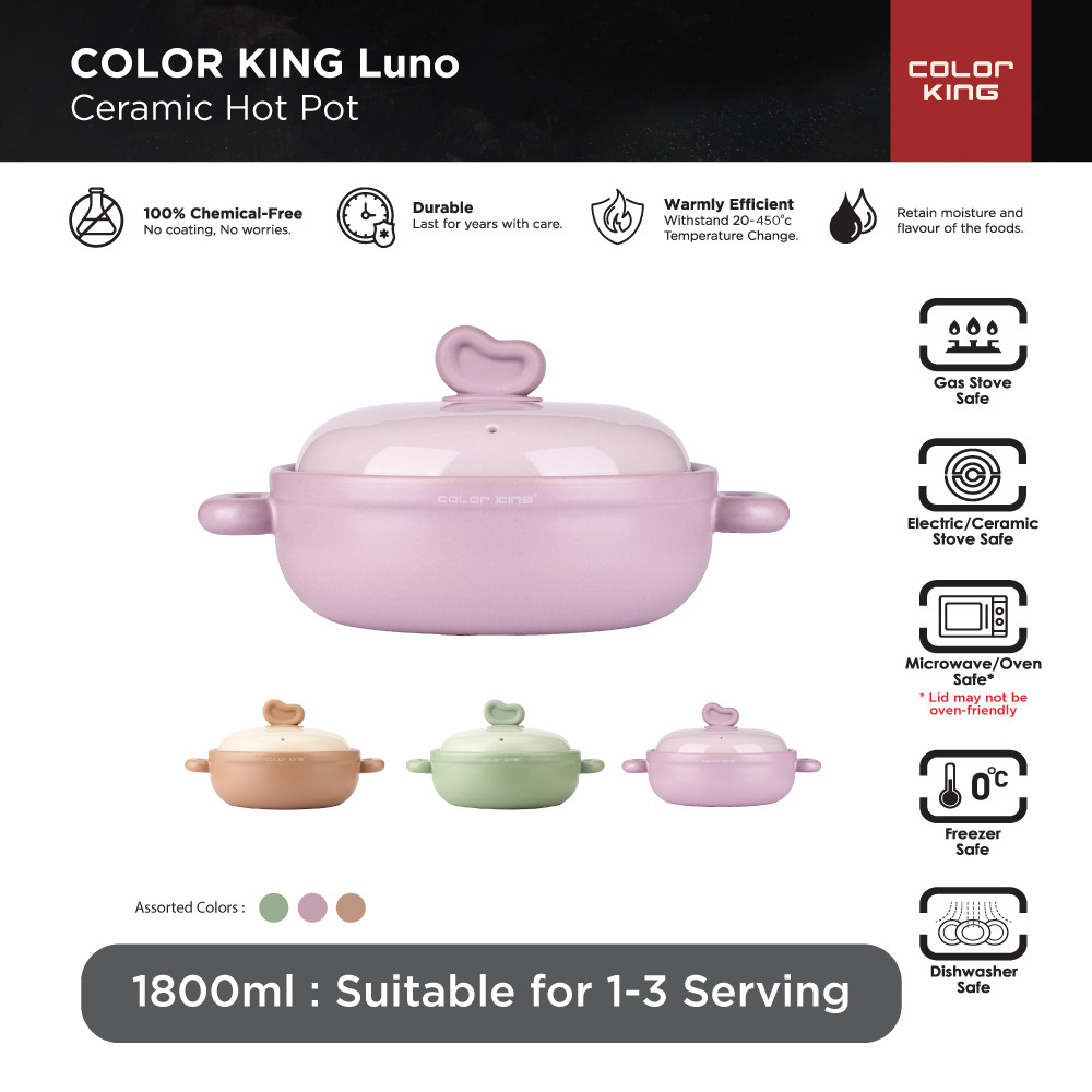 Color King Luno 100% Ceramic Hot Pot 1800ml/ Ceramic Cookware / Healthy ...
