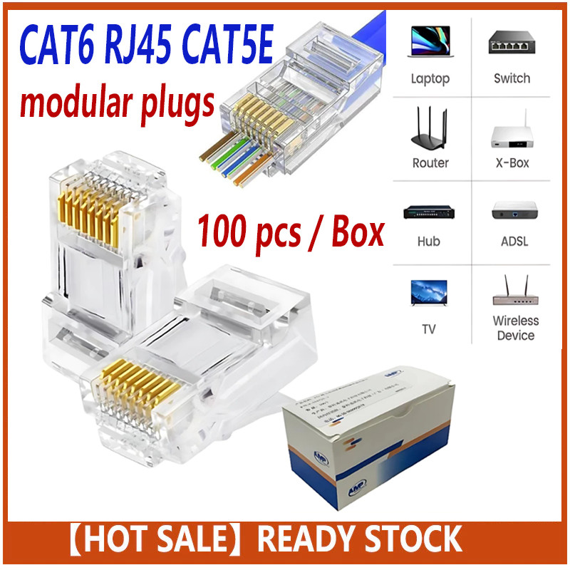100Pcs CAT5 CAT6 AMP Modular Plug Crystal Network Connector AMP ...