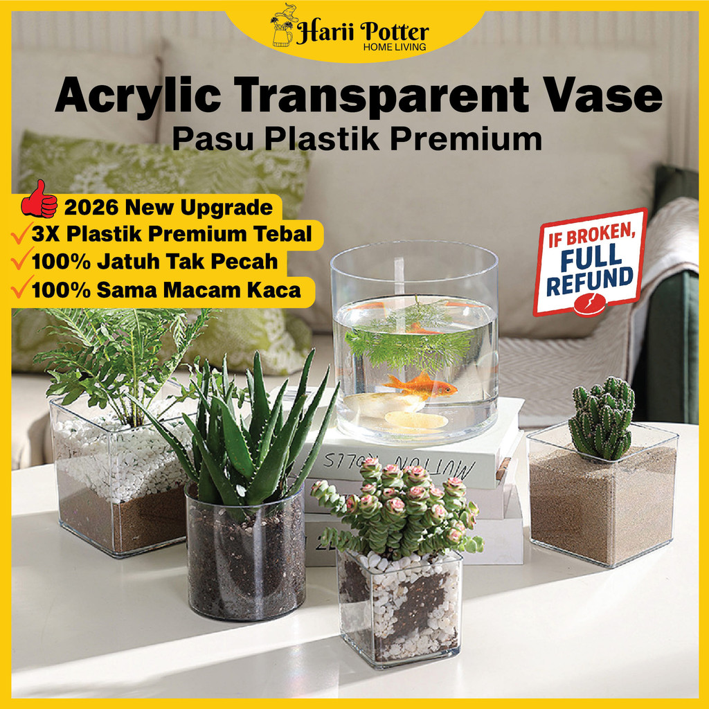 Flower Vase Plastic Vase Pasu Hiasan Transparent Vase Decor Flower Pot ...