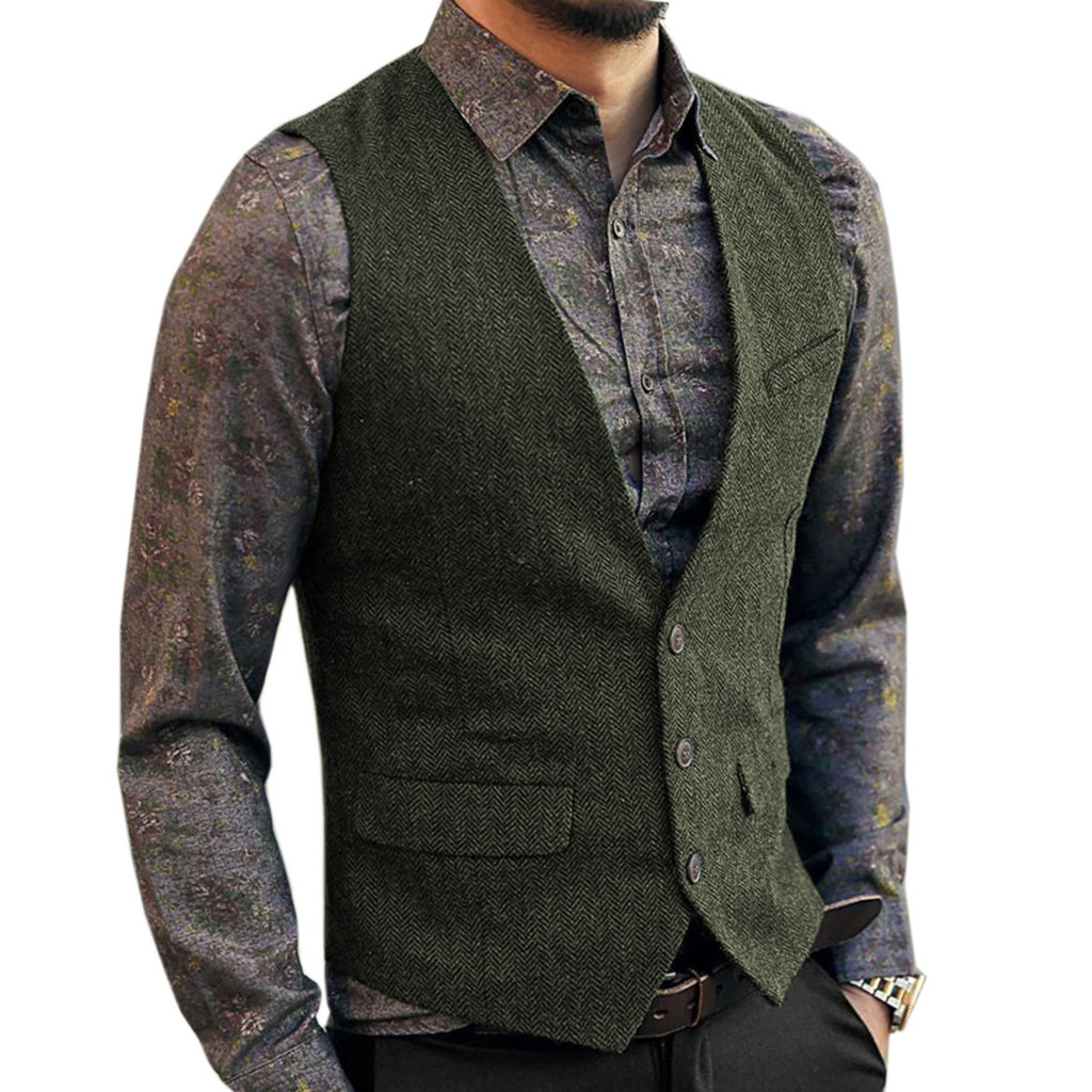 Deep V-Neck Suit Vests Classical Formal Business Herringbone Wood ...