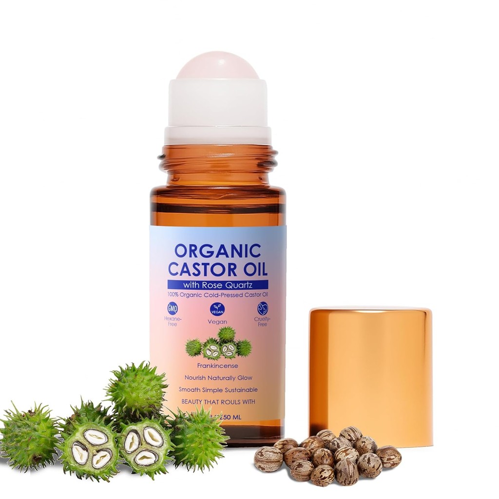 Organic Castor Oil with Rose Quartz Roller, 100% Pure Cold-Pressed ...