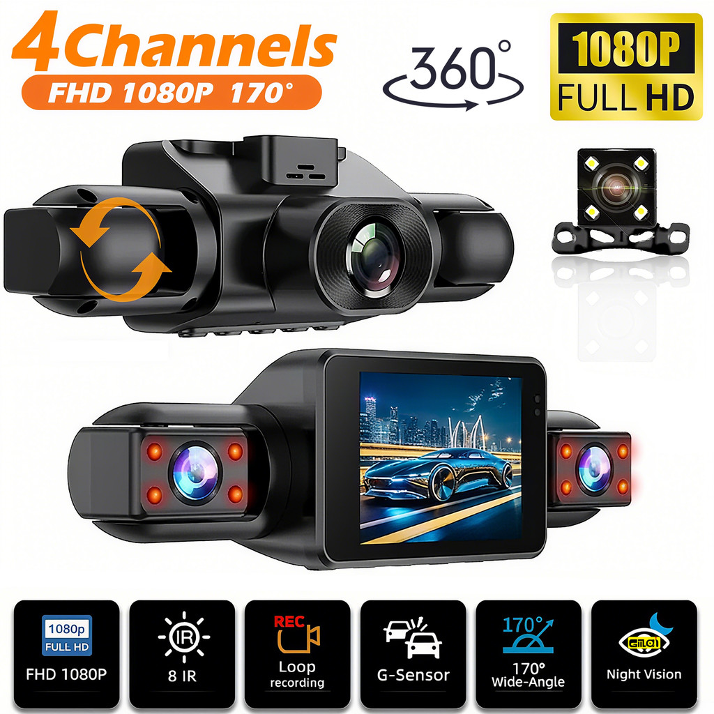 4 Channel Dash Cam Car Video Recorder Black Box with Night Vision 24/7 ...