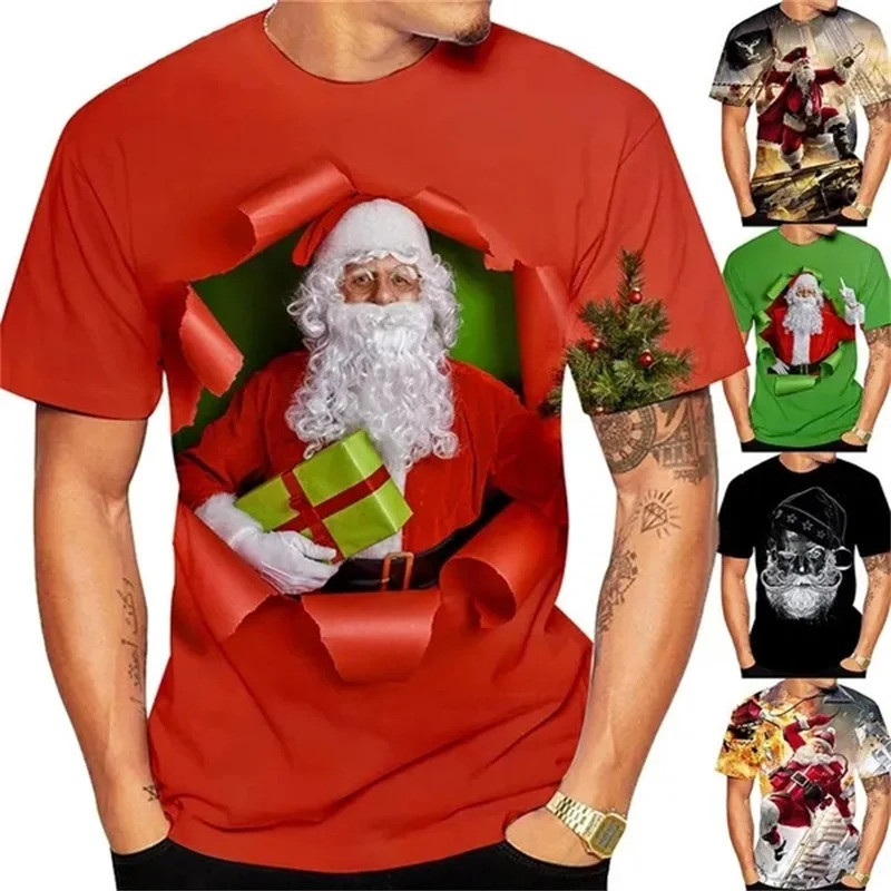 Men's Funny Santa Claus T-Shirt 3D Printed Casual Round Neck Christmas ...