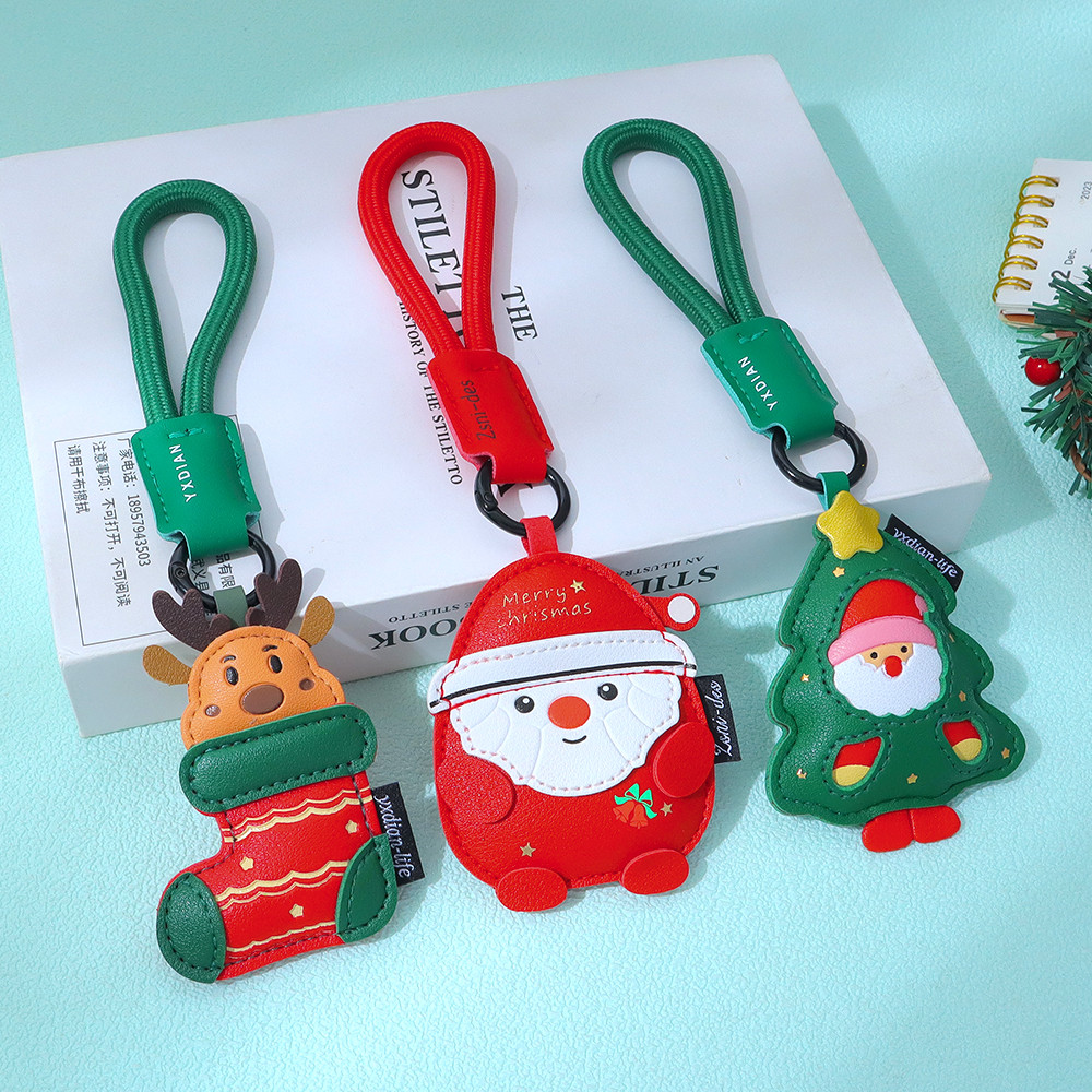 Lovely Cartoon Elk Santa Claus Key Chains Cute Christmas Pu Leather Key ...