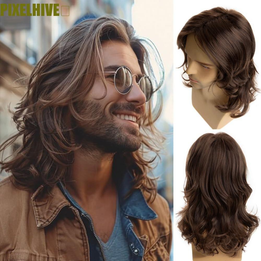 PIXELHIVE Male Wavy Wigs, Hippie Curly Synthetic Cosplay Wigs for Men ...