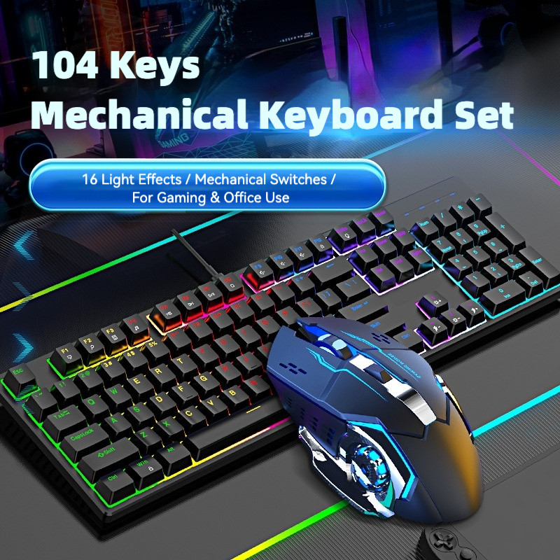 【104 Keys】Mechanical Gaming Keyboard And Mouse Set Wired Blue Red Axis ...