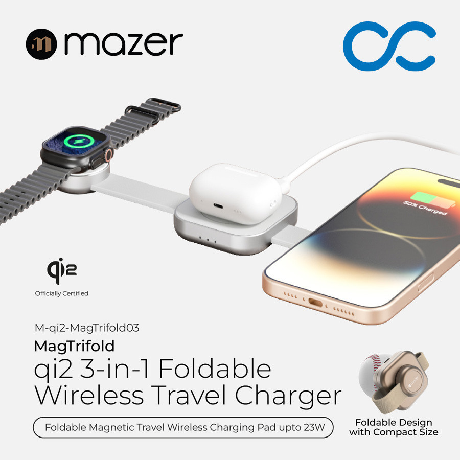 MAZER MagTrifold03 Qi2 Certified 15W 3-in-1 Foldable Wireless Travel ...