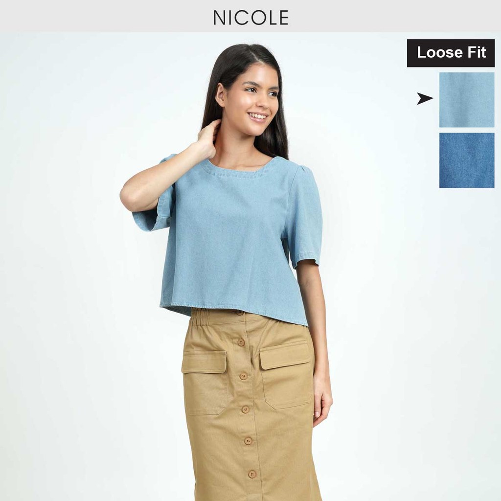 (Blouse Only) Nicole Round Neckline Short Sleeve Cropped Denim Blouse ...