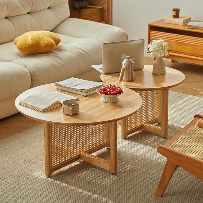 Rattan coffee table round side table log homestay solid wood living ...