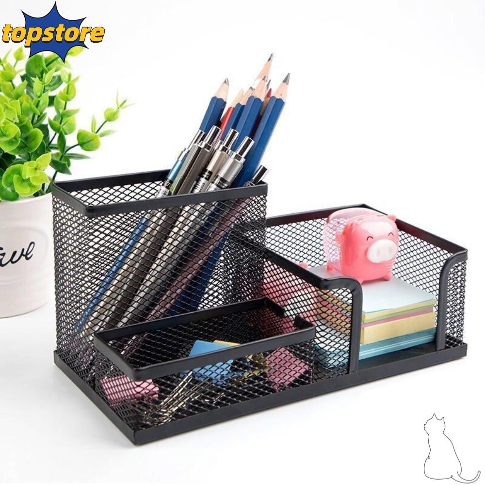 TOPSTORED Metal Pen Holder 3/4 Grids Office Desk Top Table Organiser ...