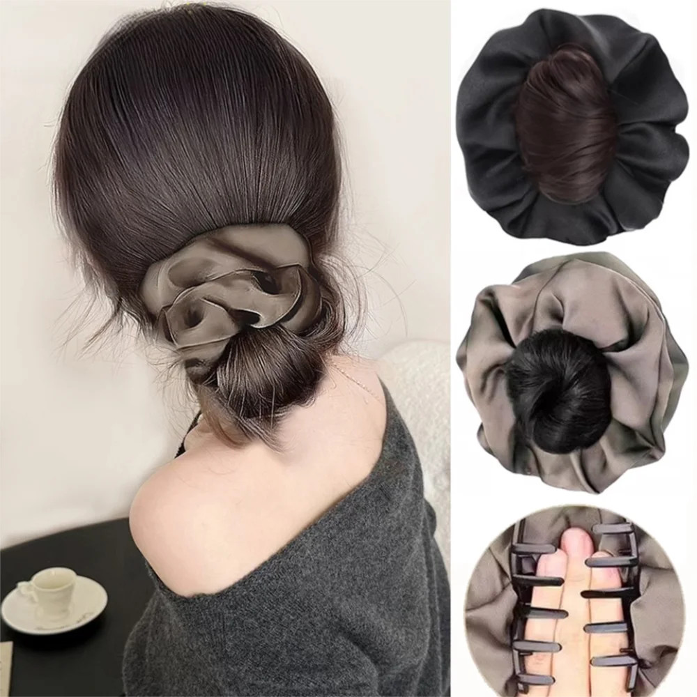 New Synthetic Hair Bun Claw Clip Satin Fluffy Bun Head Wig Brown Black ...