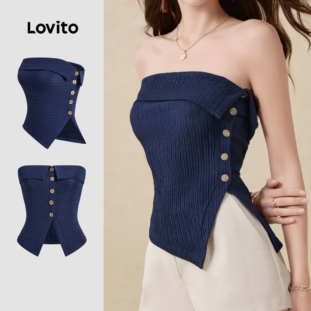 Lovito Boho Tank Top Button Split Front Asymmetrical Summer/Spring Navy ...
