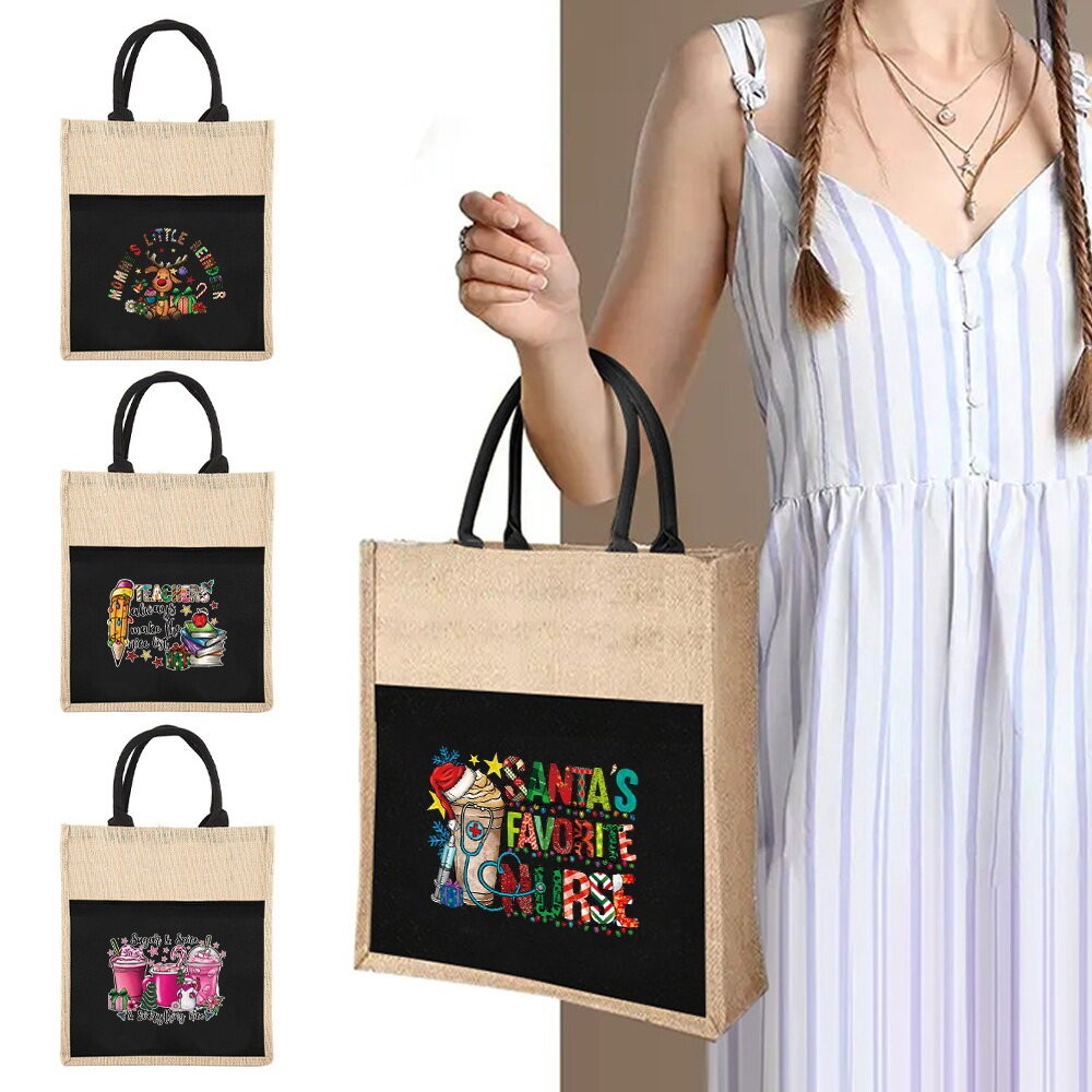 Handbag Christmas gift Classic Striped Jute Linen Tote Bag, Large ...