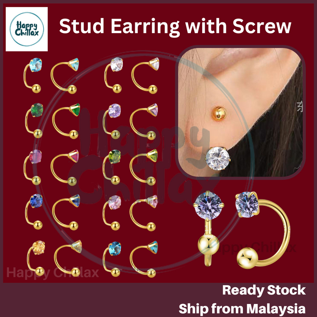 Stud Earring with Screw 2 Side Helix Earring/ Subang Tindik Skrew ...