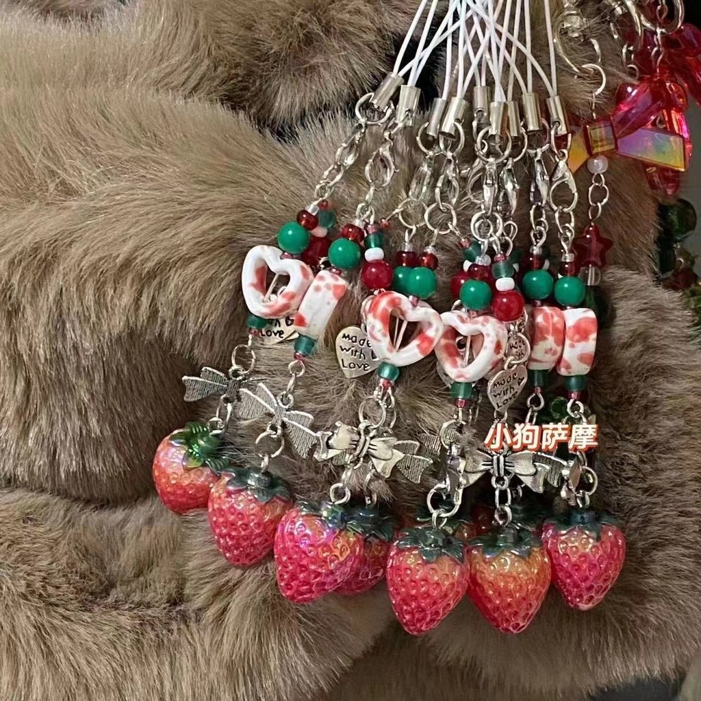 Strawberry Phone Pendant Keychain Crystal Pendant Strap for Keys Bag ...