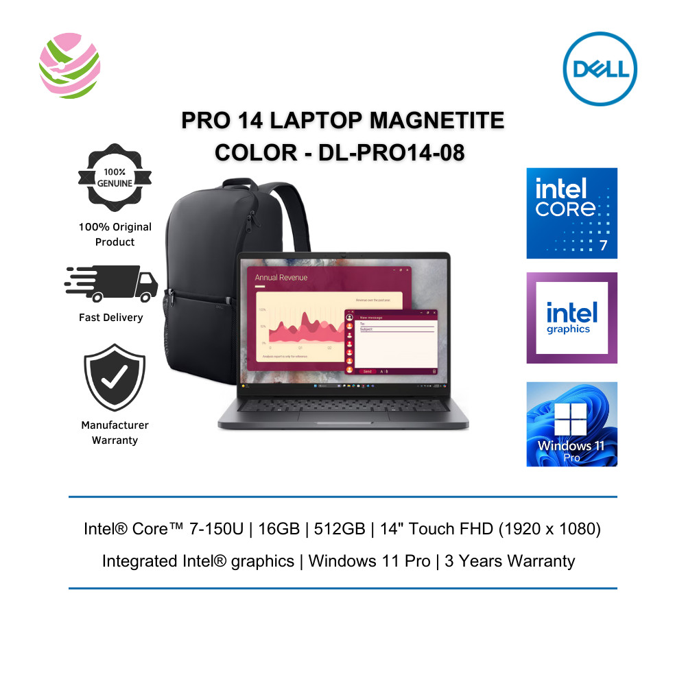 Dell Pro 14 Laptop 14" Touch FHD Magnetite Color (PC14250/ C7150u/ 16GB ...