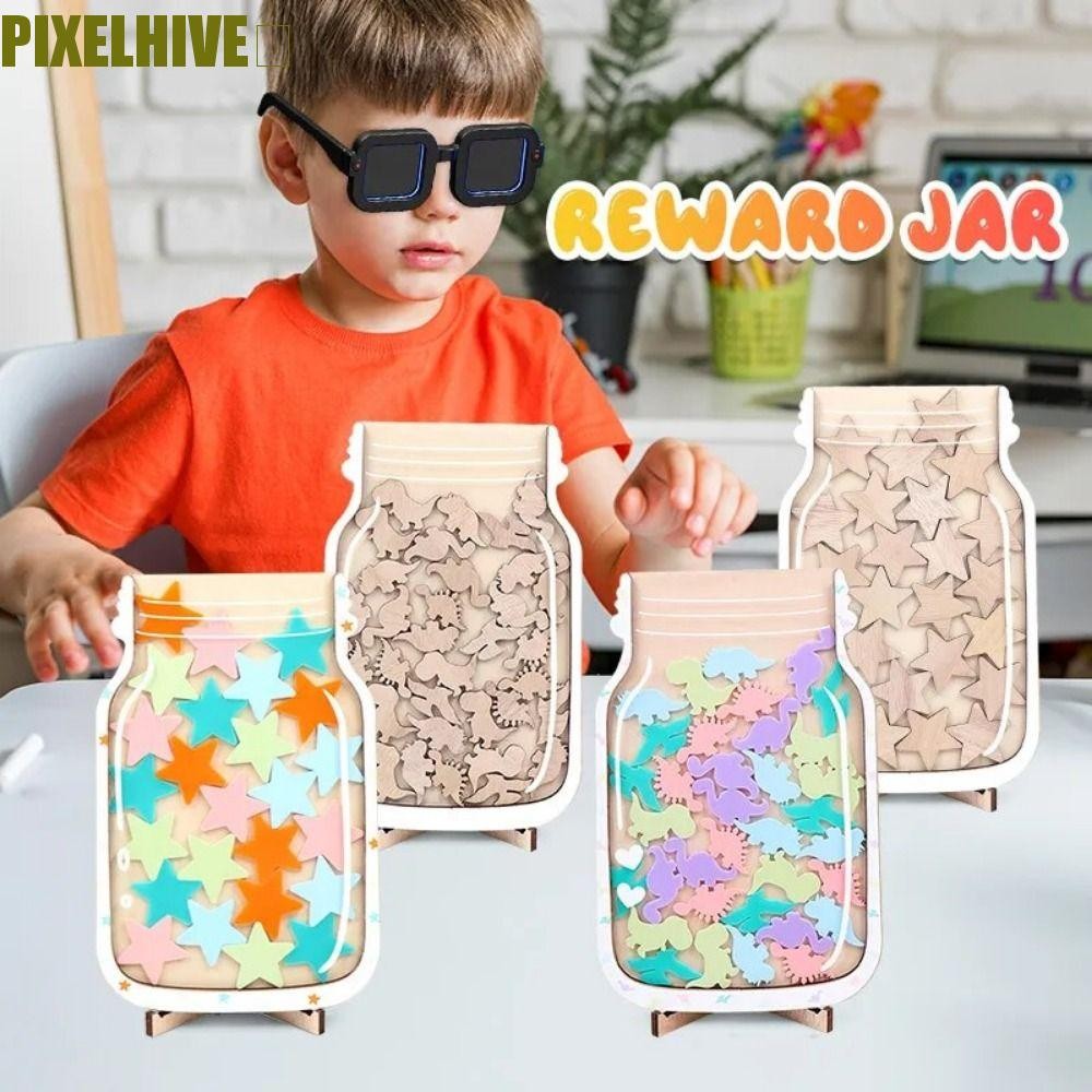 PIXELHIVE Positive Behavior Rewards Jar, Wooden Cartoon Kids Star ...