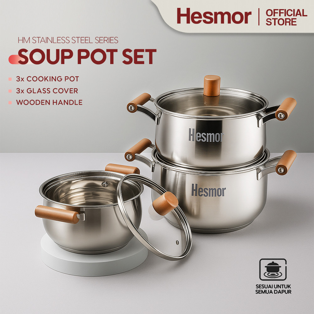 HESMOR Set of 3 Stainless Steel Soup Pot with Wooden Handle Periuk Sup ...
