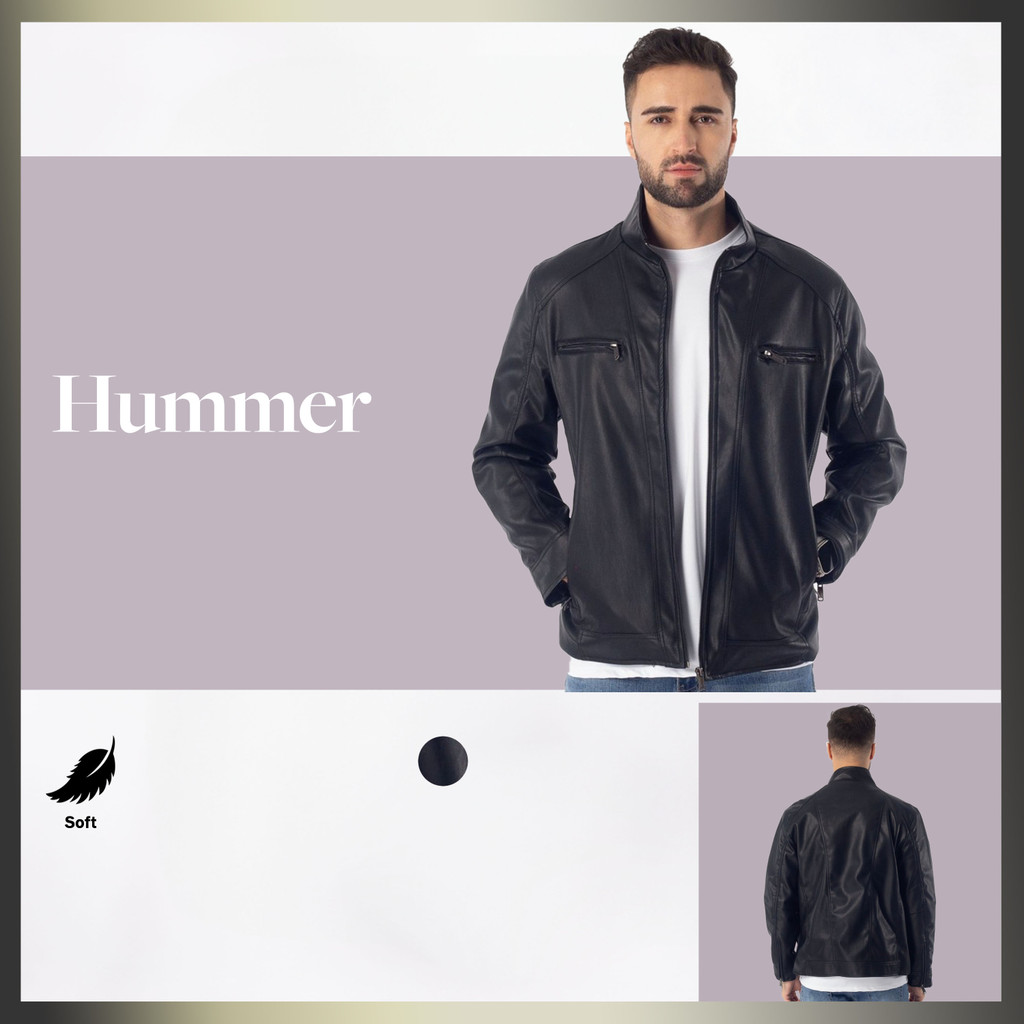 【HUMMER】Jacket Kulit Lelaki Lengan Panjang-Kolar Tinggi,Lapik Bulu ...