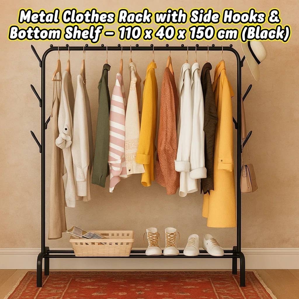 🧥 Metal Clothes Rack with Side Hooks & Bottom Shelf – 110 x 40 x 150 cm ...