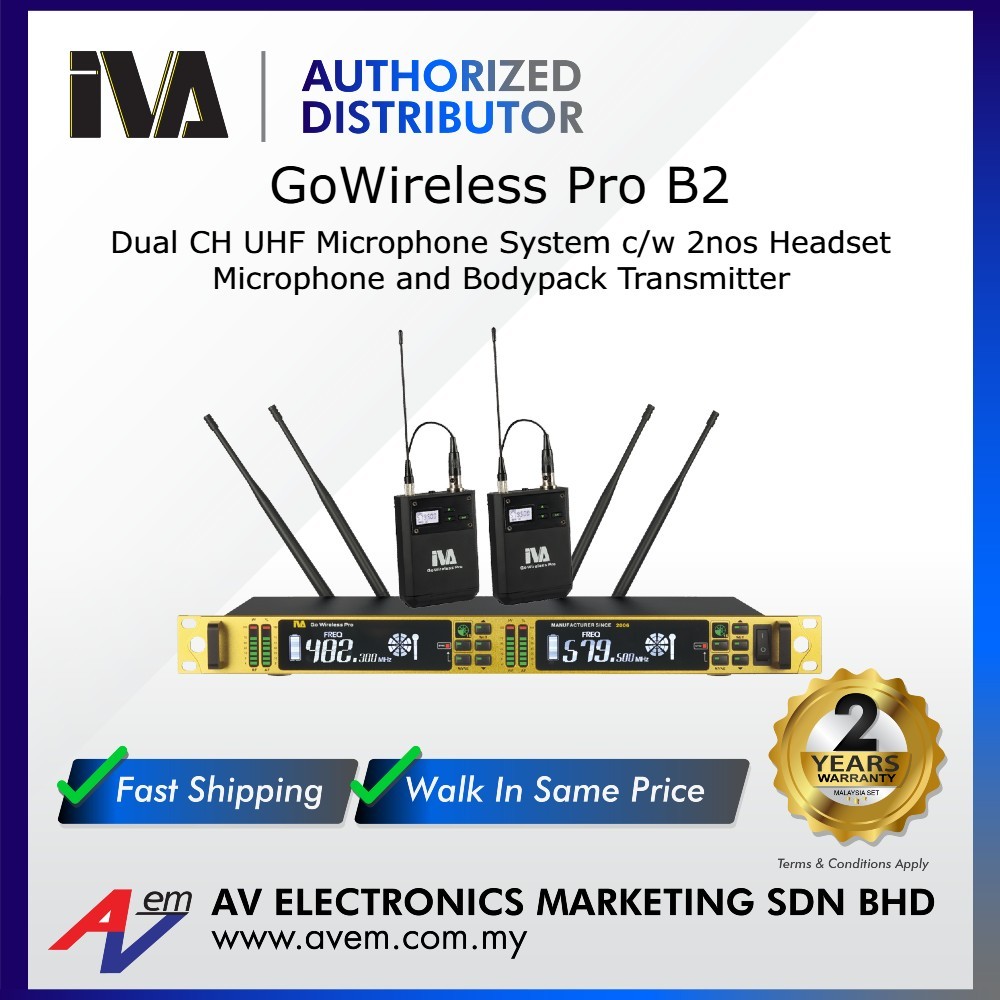 IVA GoWireless Pro B2 UHF WIreless Microphone c/w 2 bodypack, clip ...