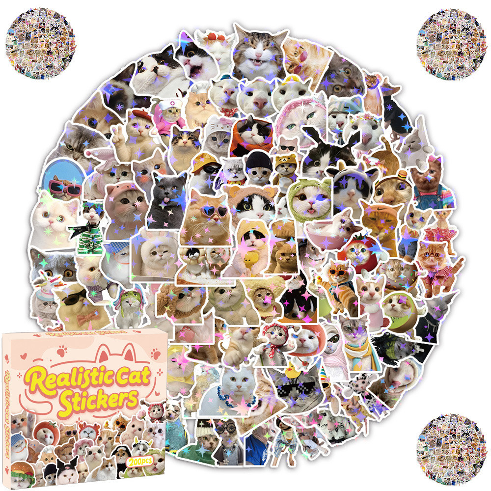 200 pcs Box Set Laser Shiny Kitty Cats Memes Waterproof PVC Stickers ...