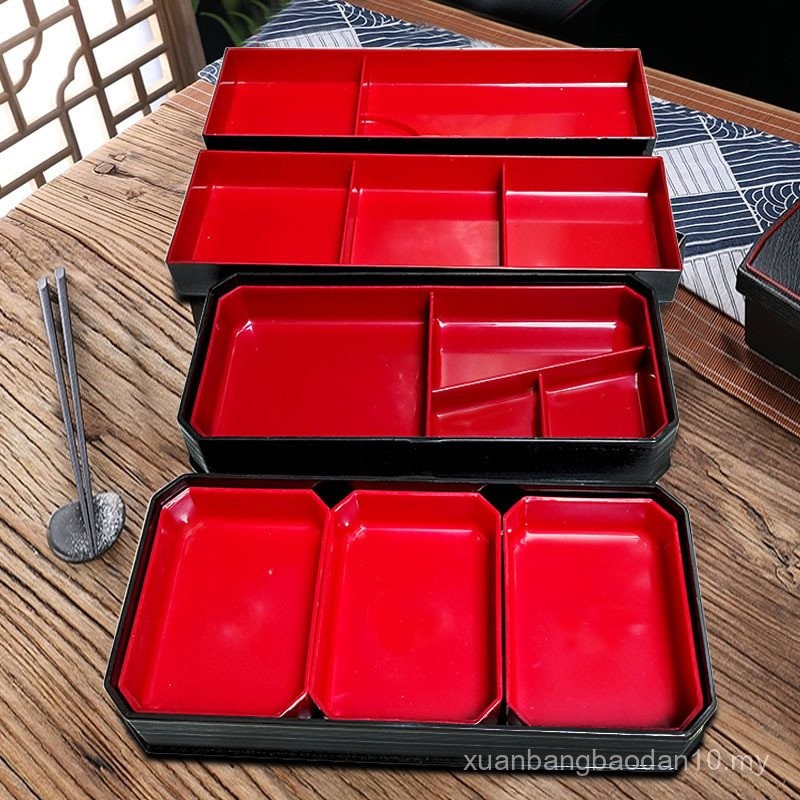 Japanese Style Rectangular Eel Lunch Box with Lid Red Black Export Three Compartments Anti ...
