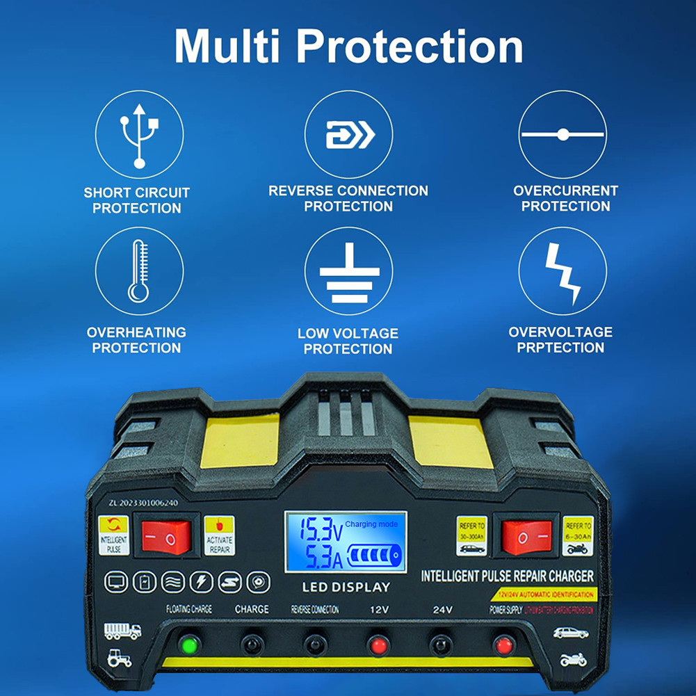 12V 24V Intelligent Pulse Repair Battery Charger EU Plug Automatic ...