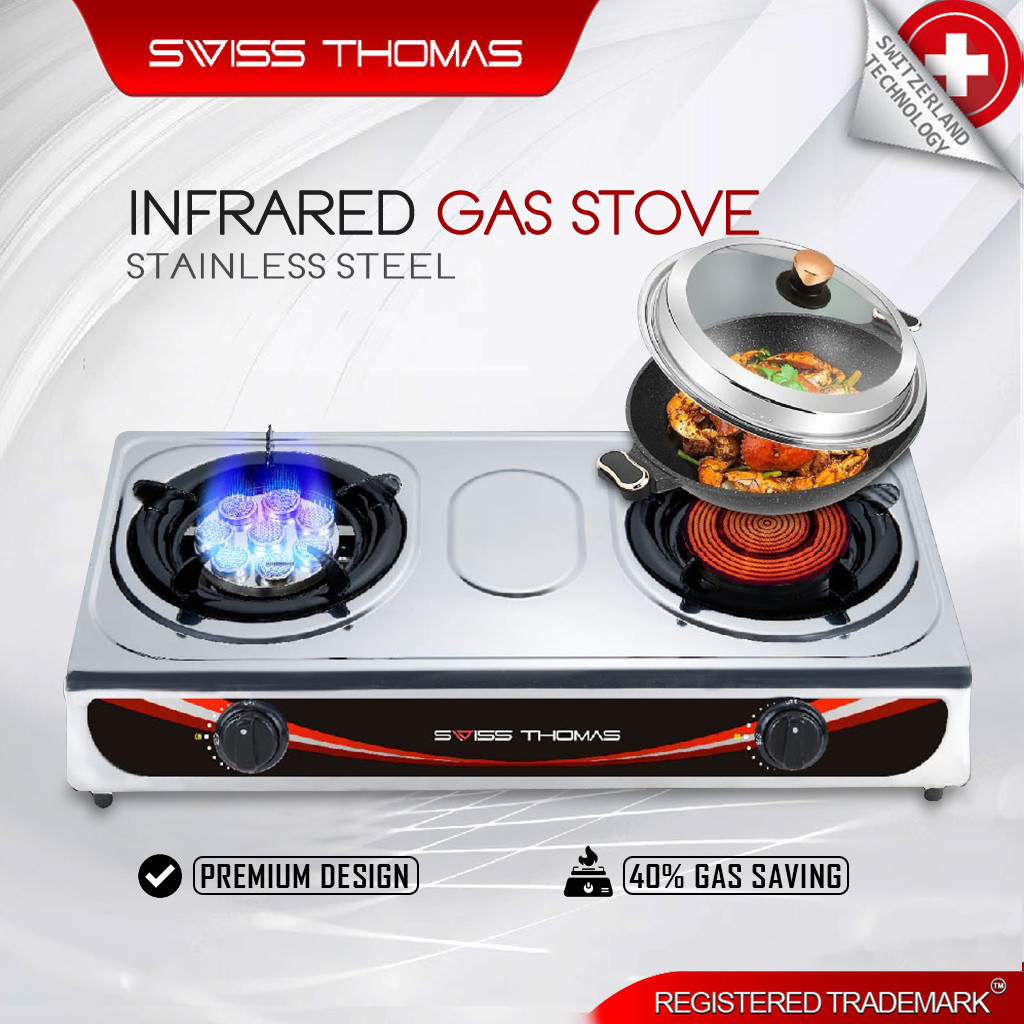 SwissThomas Dual Gas Stove Stainless Steel Infrared Burner 8 Jet Head ...