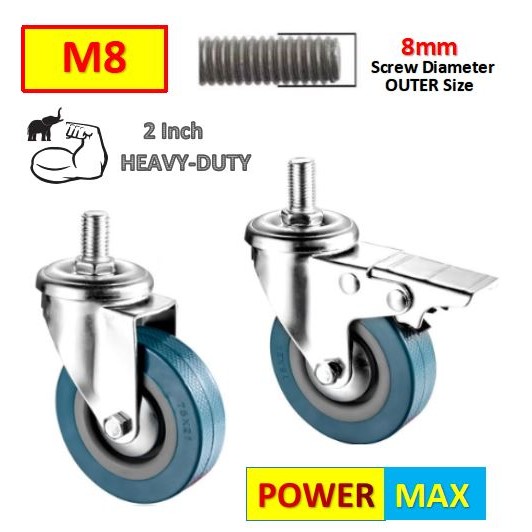 Heavy Duty 2 Inch M8 Screw Thread Grey Rubber Wheel M8 Stem 8mm Screw ...