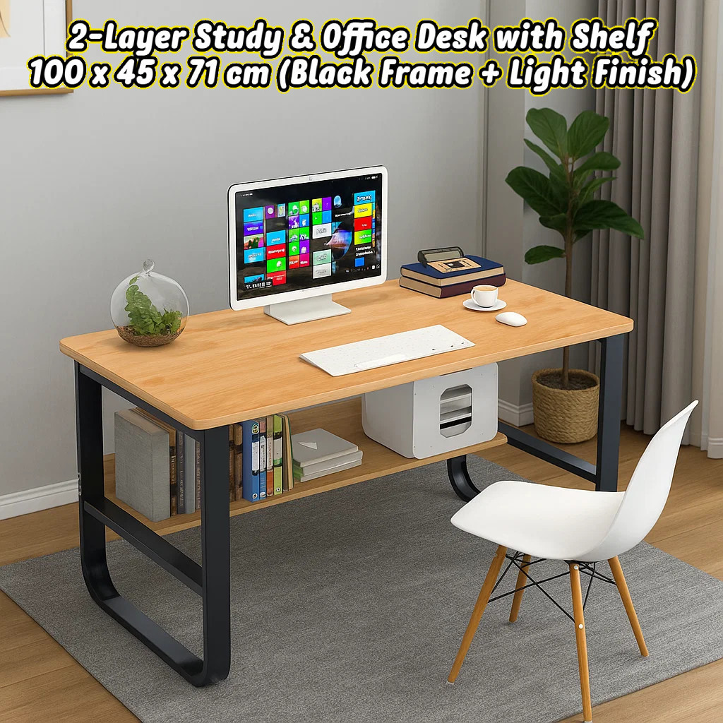 💻 2-Layer Study & Office Desk with Shelf – 100 x 45 x 71 cm (Black ...