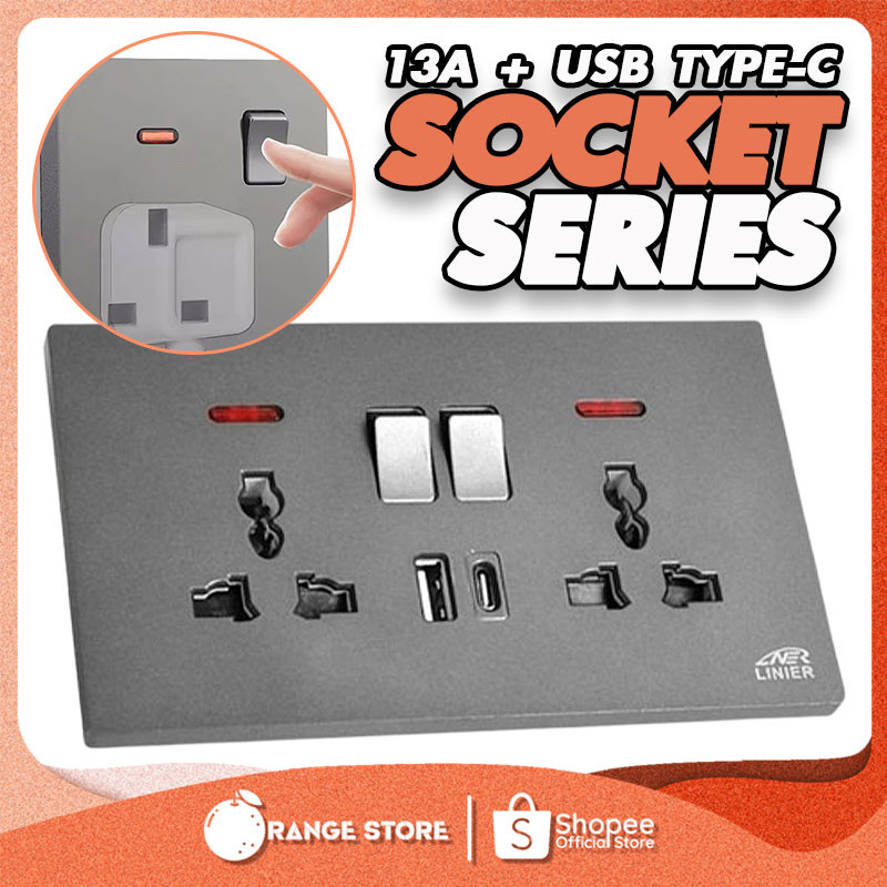 USB + TYPE C USB 13A Switch Socket Outlet Power Wall Plug Socket Soket ...
