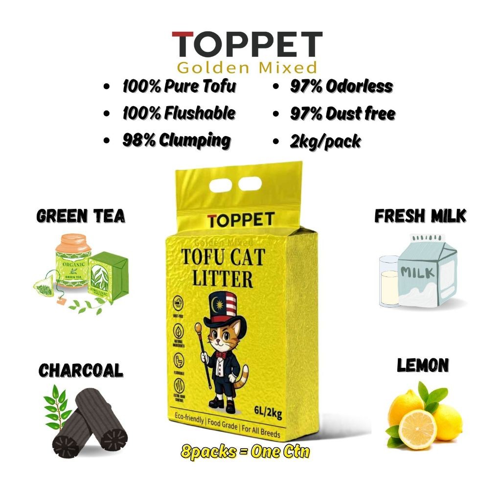 Premium Golden Mixed 2kg tofu pasir kucing TOPPET Tofu Cat Litter ...