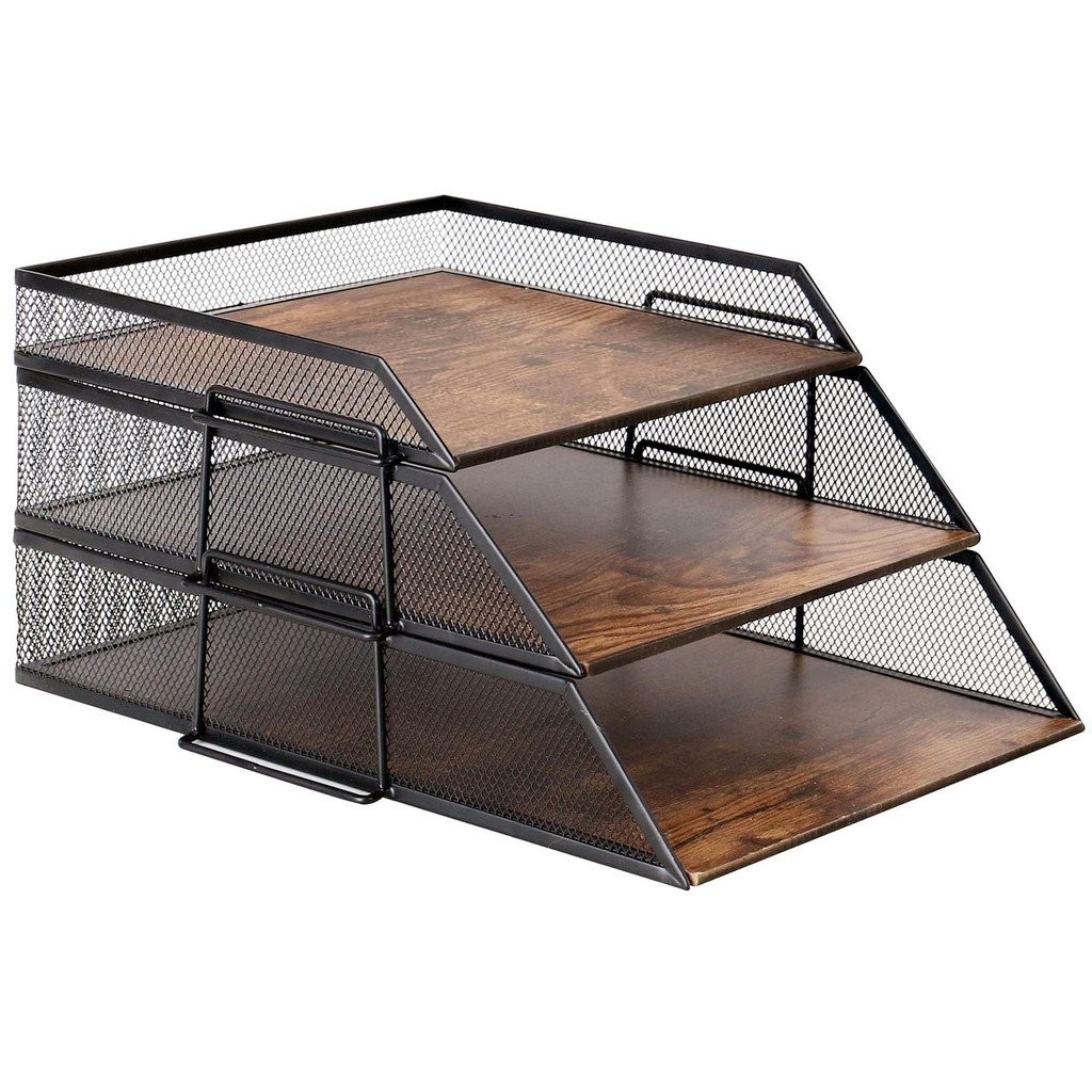 Metal File Storage Tray Desk Storage Multi-Layer File Rack Steel Wood ...