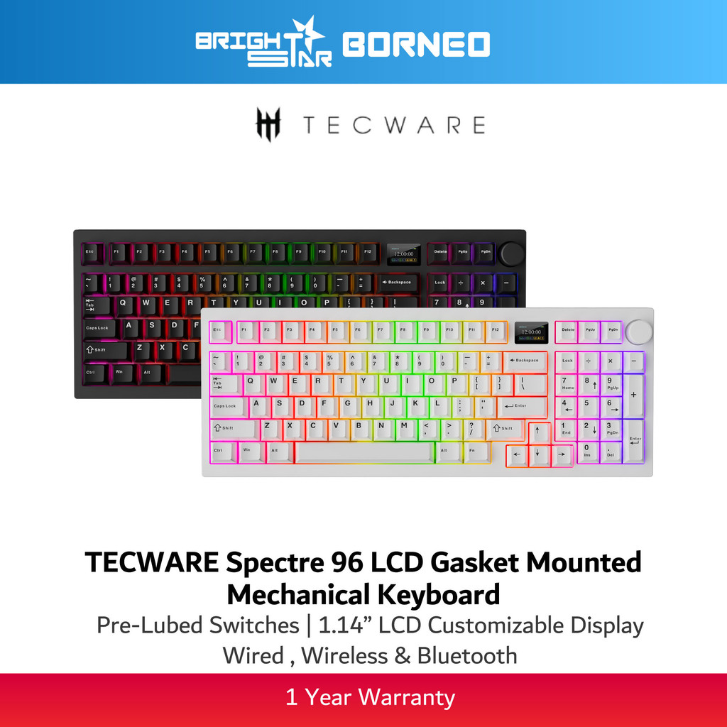TECWARE Spectre 96 LCD Gasket Mounted Mechanical Keyboard - Black/White ...