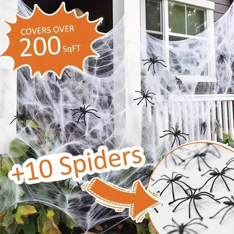 1 Set 200 Square Feet / 2400 Inches Halloween Spider Web with 10 Fake ...