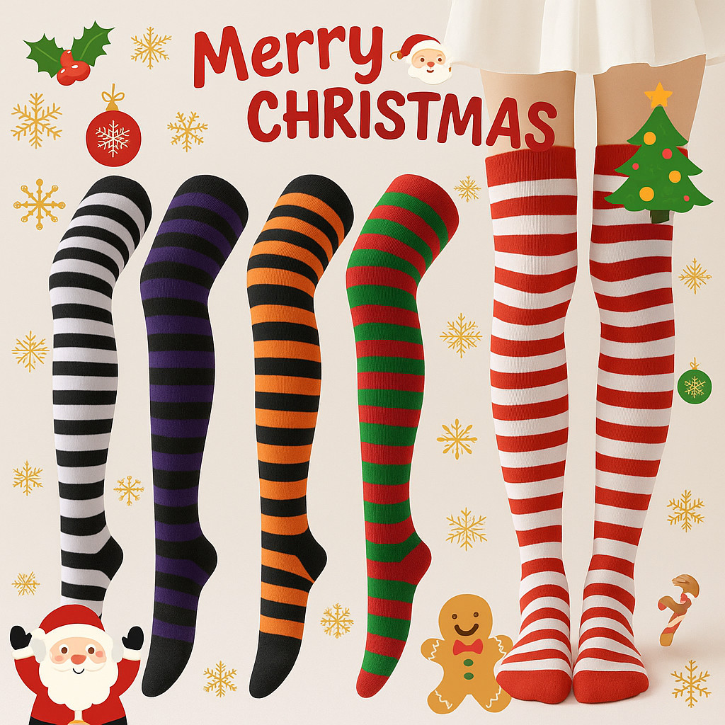 1 Pairs Christmas Ornaments Long Socks Striped High Elf Socks for Girls ...