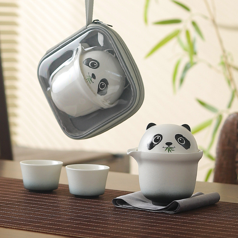 Cute Panda Travel Tea Set with Coarse Pottery, Portable Cup Set for ...