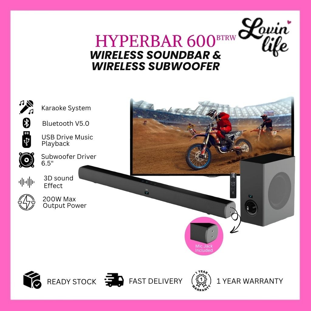VF Hyperbar 600 BTRW 240W Soundbar with 6.5" Wireless SubWoofer Karaoke ...