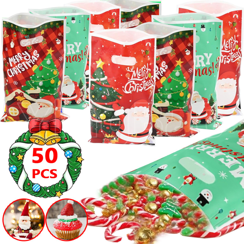 10-50PCS Christmas Plastic Gift Bags Merry Christmas Goodie Bag with ...
