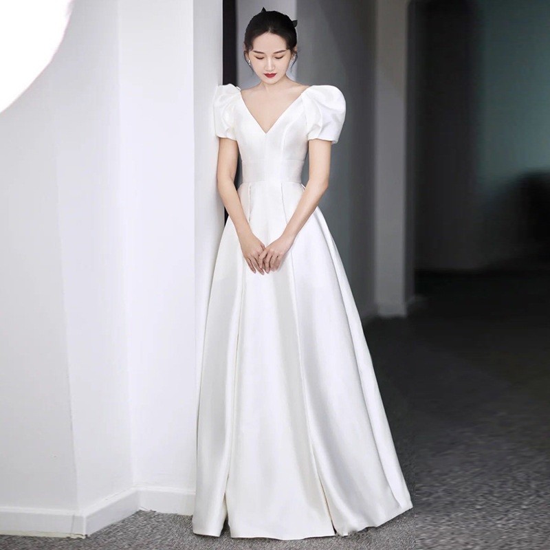 French Style White Satin Wedding Dress - Elegant V-neck Design for ...
