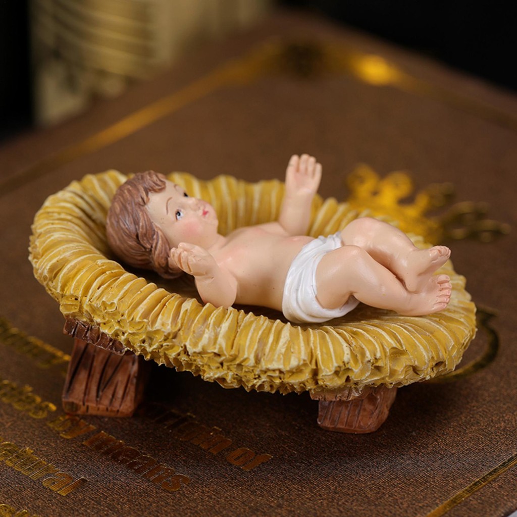 Baby Jesus Figurine Resin Hand Painted Manger Sculpture Straw Bed ...