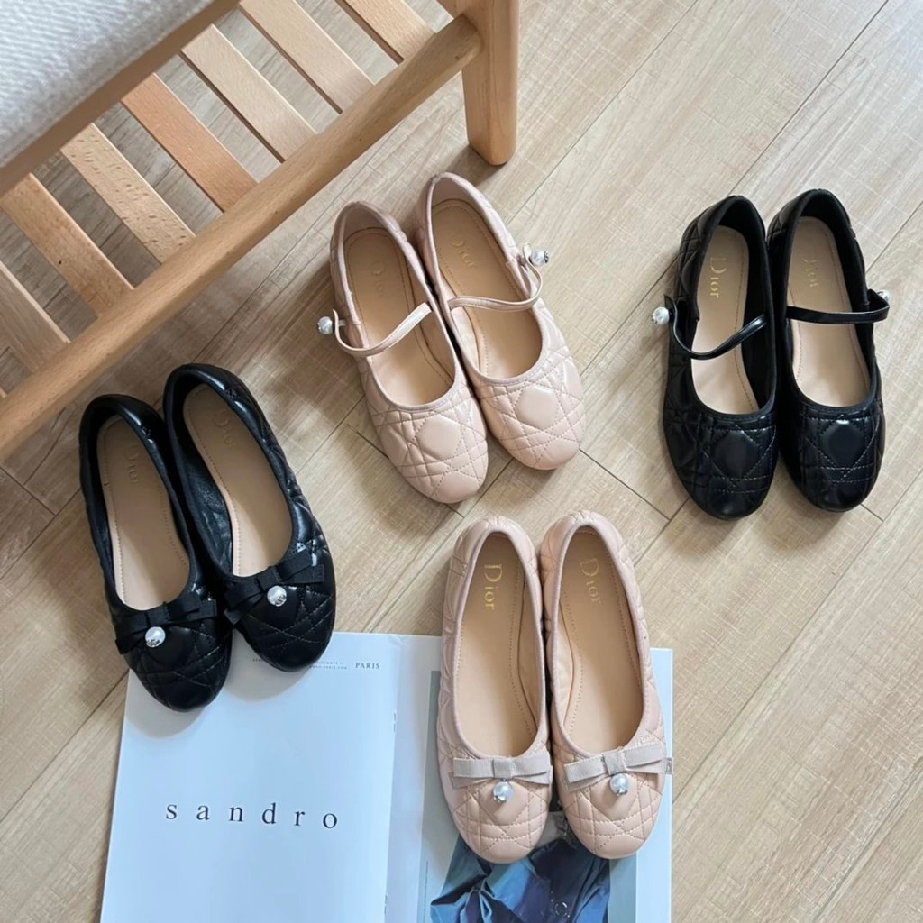 Dior Bowknot Rattan Plaid Ballet Flats with Genuine Leather Strap ...