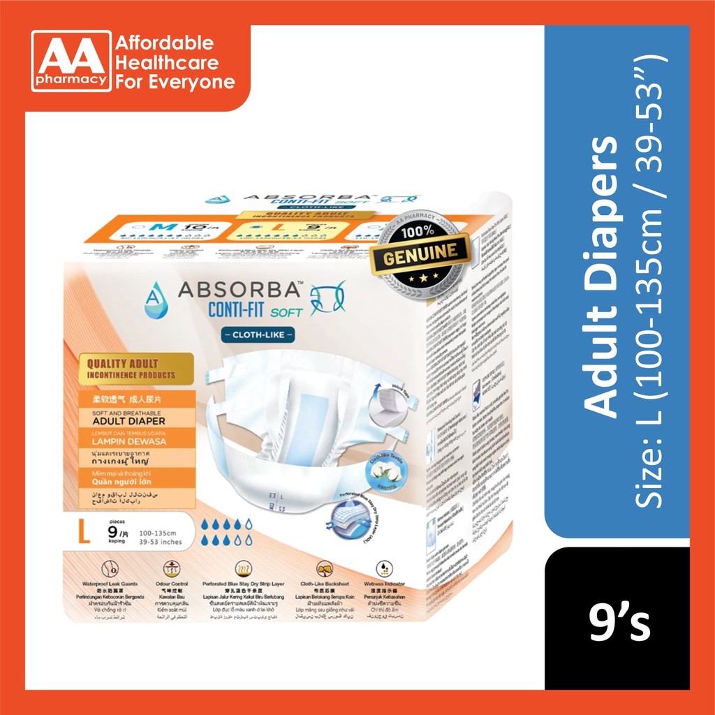 Absorba Conti-Fit Soft Adult Diapers Size L 9's (100-135cm / 39-53 ...