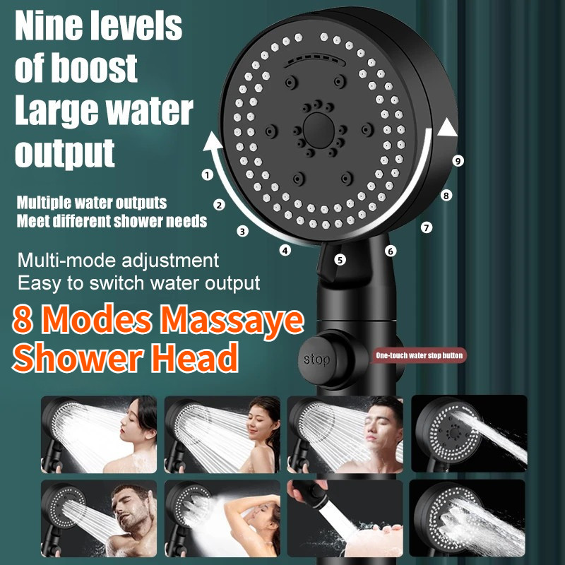 8 Modes Massage Shower Head High Pressure shower rain shower head ...