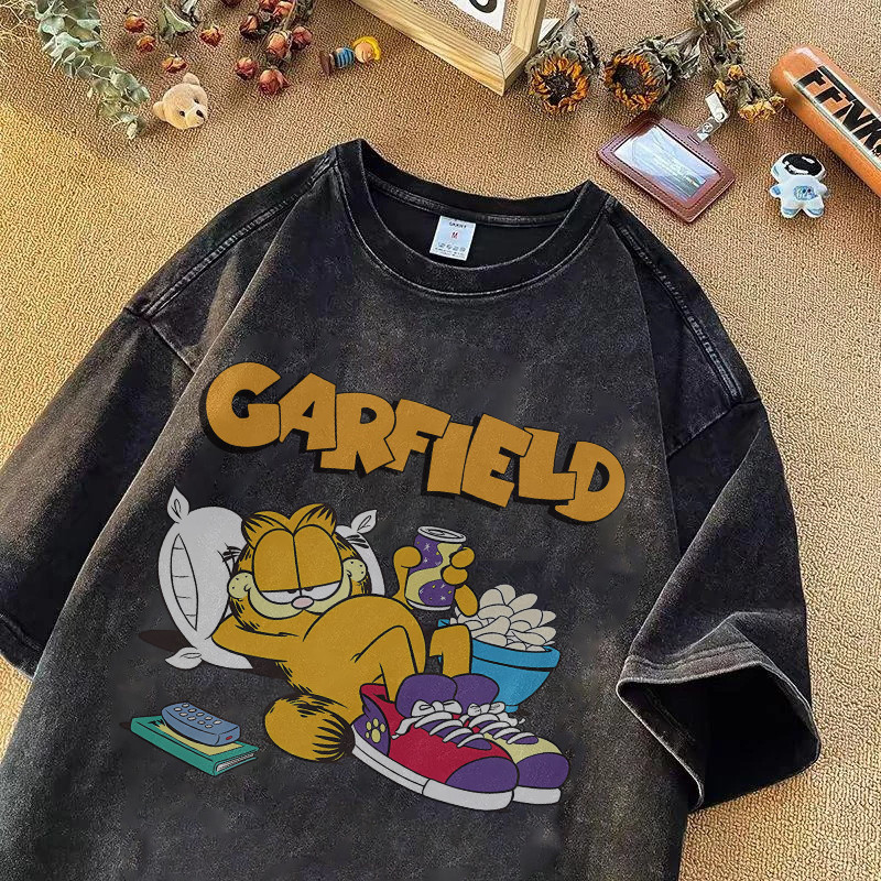 I007324*NUZIRO Washed black trendy cute cartoon Garfield pattern/Korean ...
