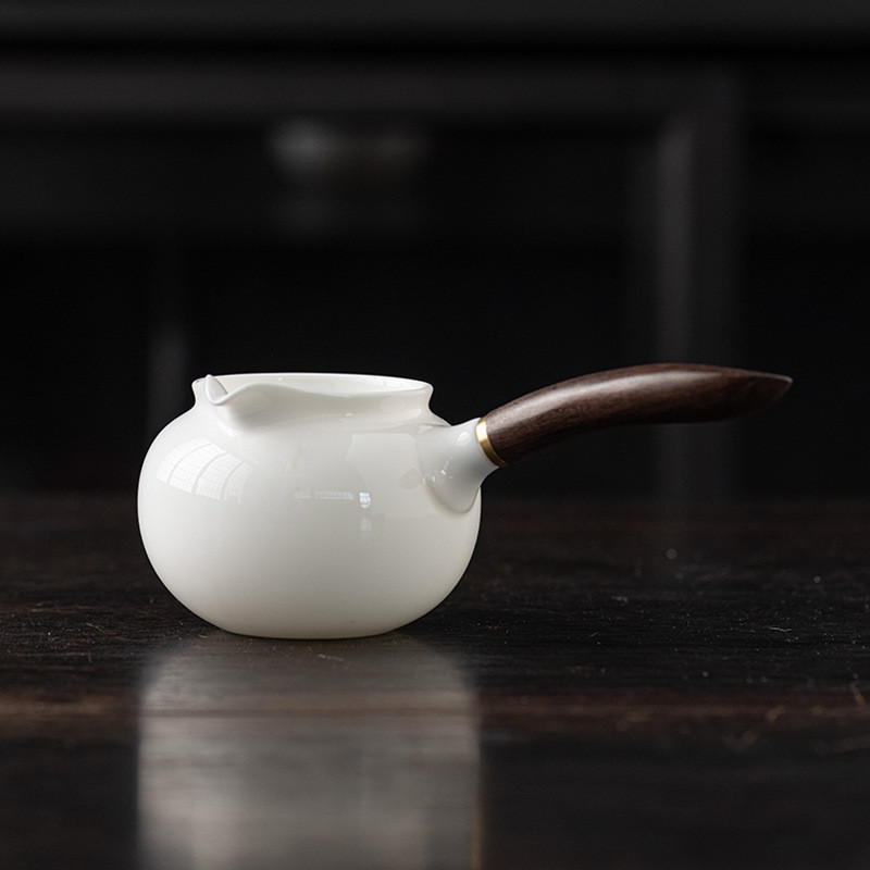 Suet Jade White Porcelain Fair Cup Solid Wood Side Handle Large Fair ...