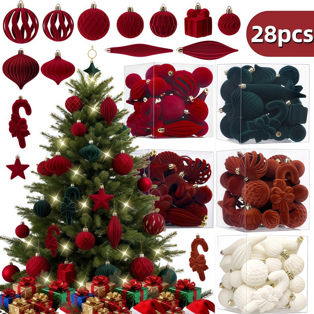 28PCS Multi Size Velvet Christmas Ball Set Star Scepter Round Xmas Ball ...