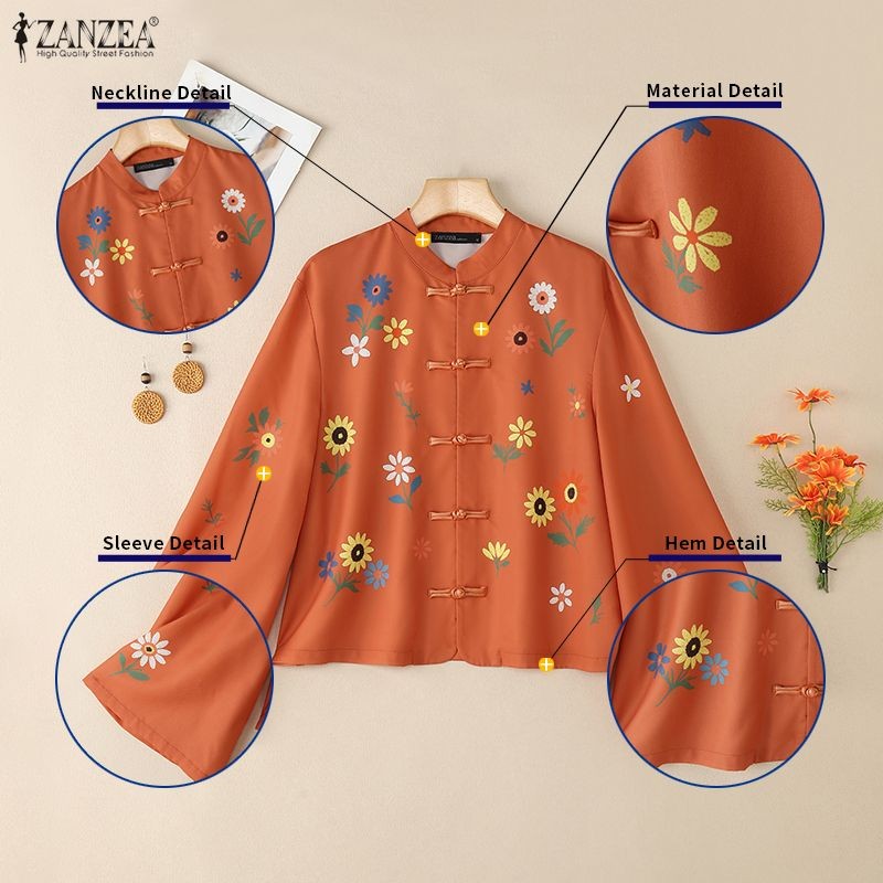 ZANZEA Women Korean New Chinese Style Stand Neck Long Sleeve Frog ...