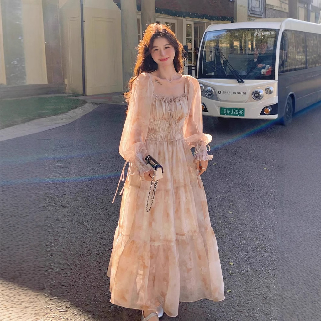 French Floral Chiffon Dress Fairycore Ruffle Sleeve Maxi Gown | Shopee ...